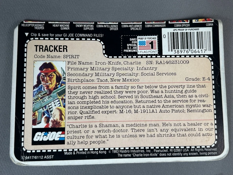 G.I. Joe 1983 TRACKER Code Name: Spirit File Card Free Shipping ...